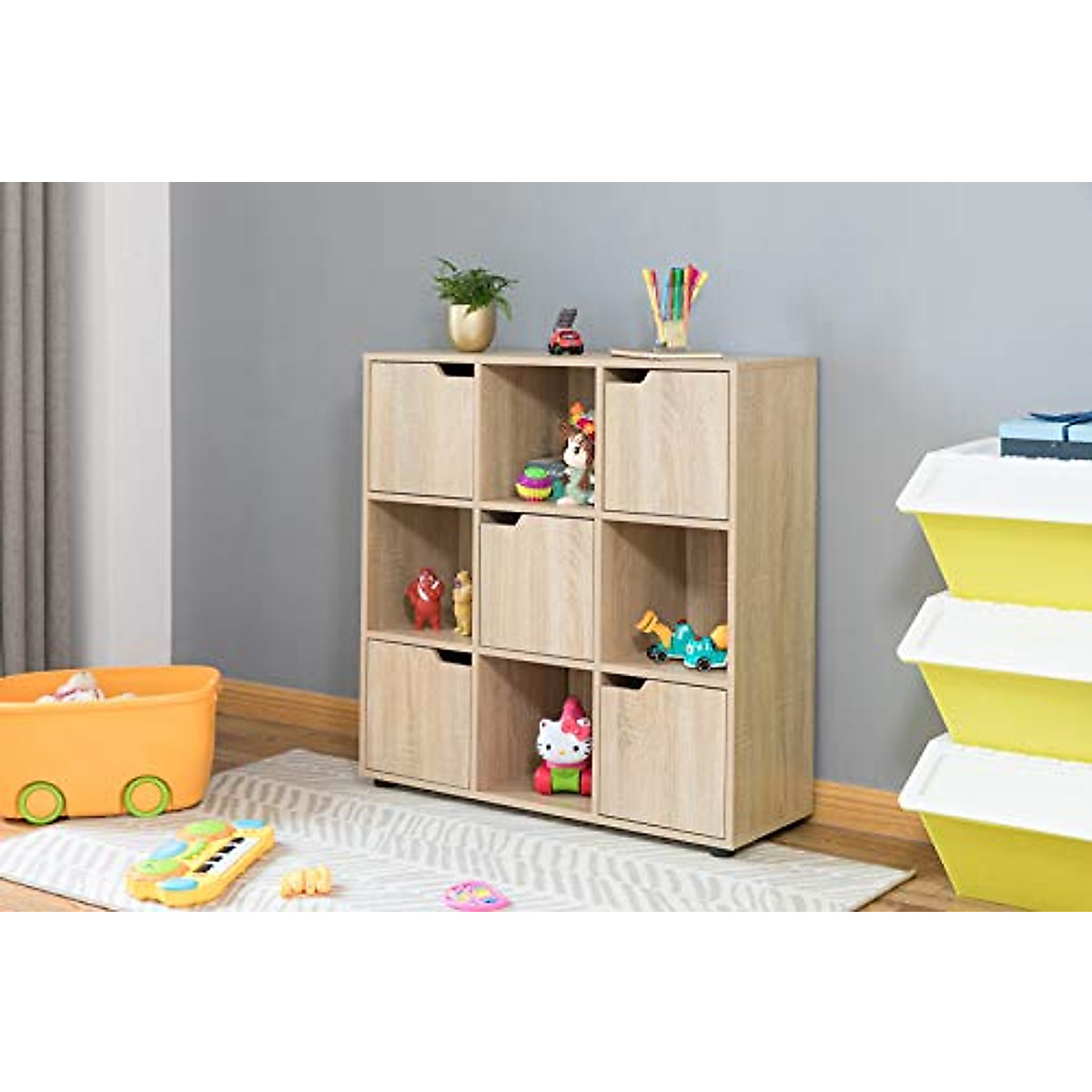 Basicwise 9 Cube Wooden Organizer With 5 Enclosed Doors and 4 Shelves, Oak
