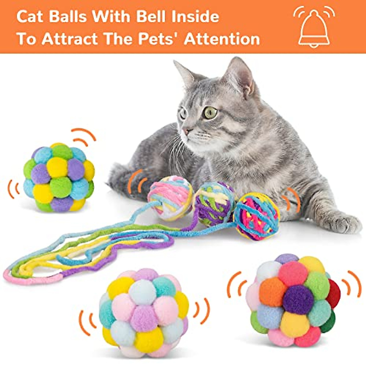 Retro Shaw Woolen Cat Toy Balls with Bell and Fuzzy Balls, Interactive Toys for Indoor Cats and Kittens, Chew Toys, 6 Pack