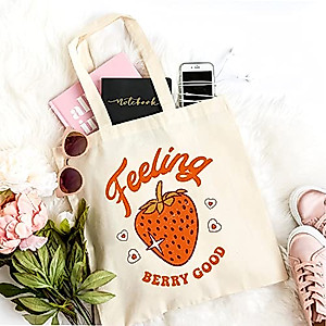 TSIIUO Women's Feeling Berry Good Canvas Tote Bag Funny Strawberry Lover Gifts Retro Reusable Grocery Shopping Bag White