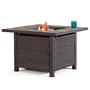 Sunjoy 38" Gas Fire Pit Table, Outdoor Patio Brown Square All-Weather Wicker Ceramic Tile Top Propane Burning Fire Pit Table with Lid and Lava Rocks