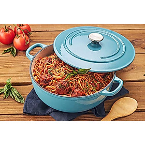 Mirro MIR-19063 4.8 Quart Cast Iron White Enamel Coated Interior Dutch Oven, Teal, Ready to Use