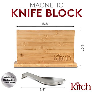 Kitch Magnetic Bamboo Knife Block 12", Double sided space saving freestanding storage holder for knives, handmade universal cutlery organizer stand with magnets