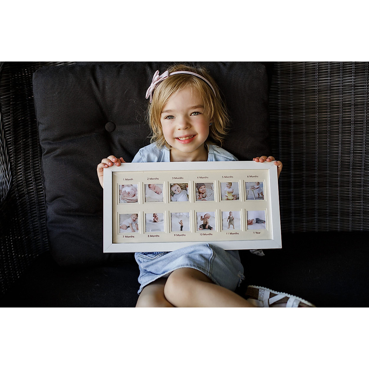 WOOD SIDE ORBIS First Year Newborn Baby Collage Keepsake Picture Frame for Photo Memories with Double Beige Mat and Twelve 2.5x2.5 Slots - Pink
