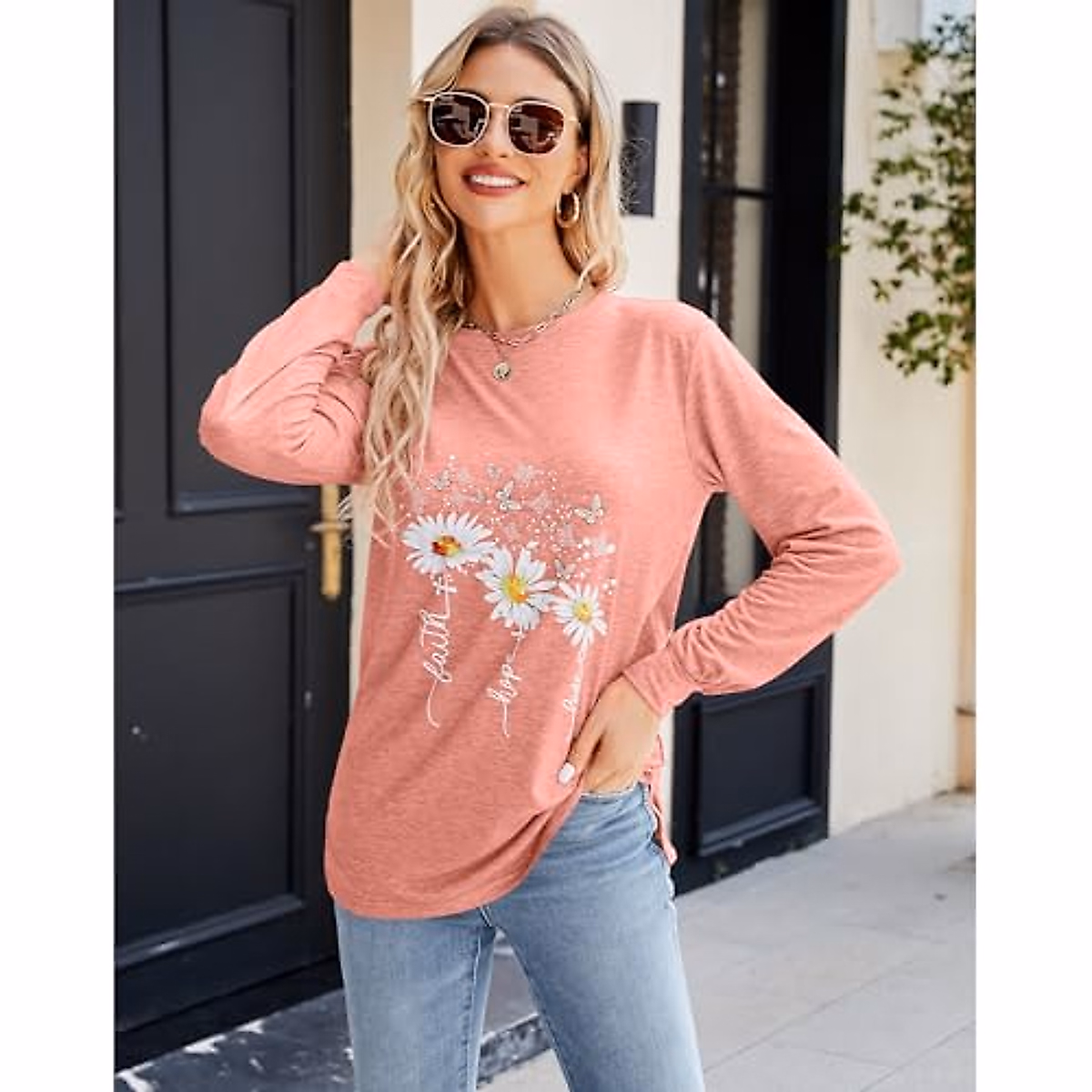 JNIFULI Womens Casual Long Sleeve Tunic Tops Funny Letter Sunflower Print Side Split Loose Fit Pullover T Shirts