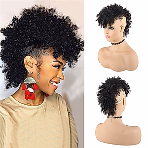 KRSI Afro High Puff Hair Bun Ponytail Drawstring With Bangs Synthetic Jerry Curly Mohawk Kinkys Curly Fauxhawks Pony Tail Clip in on Ponytails for Women Hair Extensions with six Clips(Black)