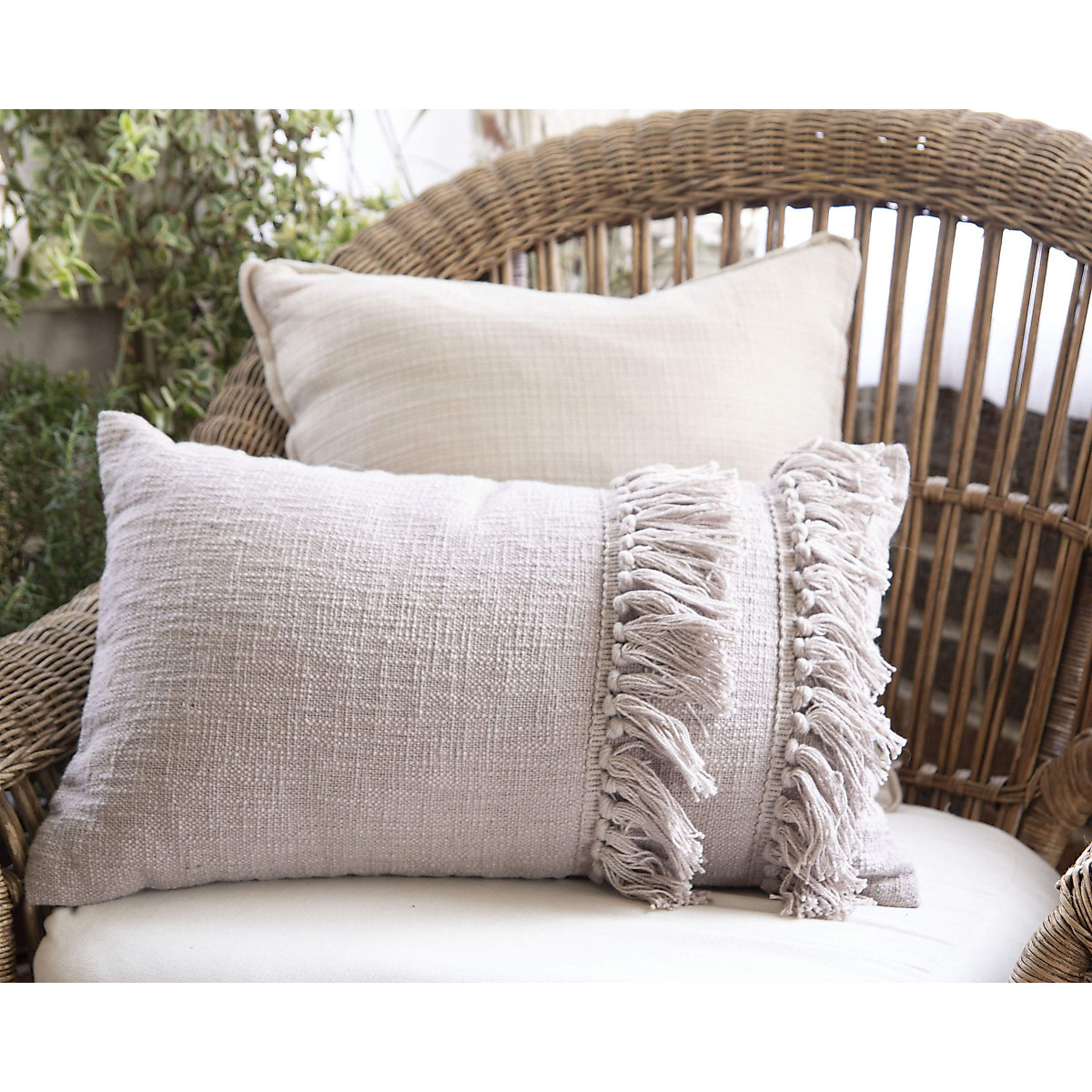 Foreside Home & Garden Gray Handwoven 14x22 Decorative Cotton Throw Pillow with Hand Braided Tassels