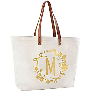 ELEGANTPARK Birthday Gifts for Women Mom Friend Personalized Bag with M Letter Teacher Gifts Bridesmaid Gifts Monogrammed Gifts for Women Canvas Tote Bag Ivory with Pocket