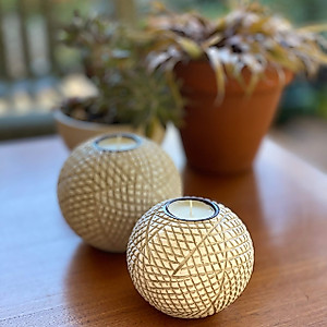 Luca Orb Candle Holders (Gift Boxed Set of 2), Table Centerpieces for Dining or Living Room, Spa, Bathroom, Kitchen Counter, Mantle or Coffee Table Decor (Grid Pattern, Beige and White)