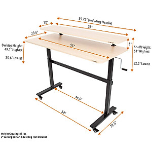 Stand Steady Tranzendesk | 55 Inch Standing Desk with Clamp On Shelf & Detachable Wheels | Crank Height Adjustable Sit to Stand Workstation | Monitor Riser Supports 3 Screens (55 in / Maple)
