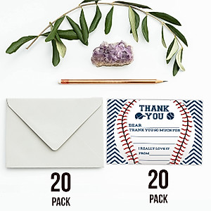 TENTADO Baseball Thank You Cards, Baseball Thank You Cards with Envelopes, Kids Fill in the Blank Thank You Cards, 20 Count with Envelopes, 4 X 6