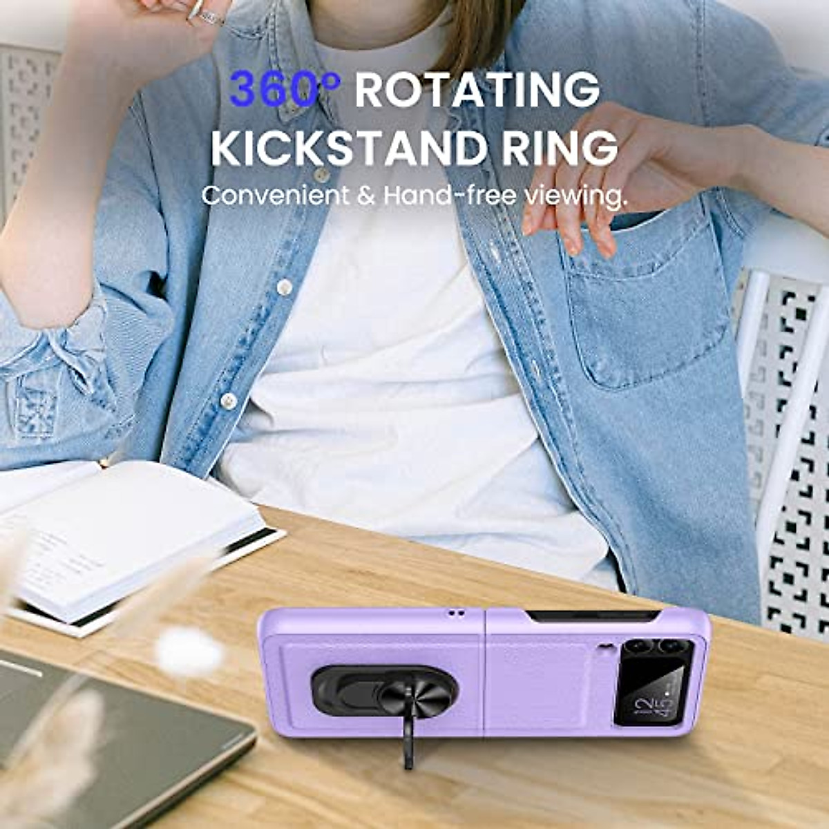 VEGO for Galaxy Z Flip 3 Ring Stand Case, Z Flip 3 All-Inclusive Cover Case with Hinge Protection and Glass Camera Lens Screen Protector for Samsung Galaxy Z Flip 3 5G (2021) - Purple