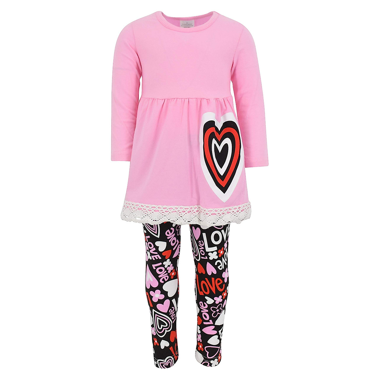 Unique Baby Girls Valentines Day Outfit Layered Heart Toddler Lace Trim Legging Set (7 Years, Pink)