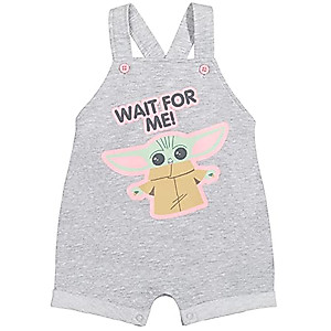 STAR WARS The Child Infant Baby Girls French Terry Snap Short Overalls T-Shirt and Headband 3 Piece Outfit Set Light Gray 18 Months