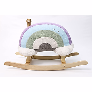 Hopscotch Squad Rainbow Rocker Fully Assembled Natural Wood Rocking Horse with Soft Fleece Multi-Color Puffy Plush Clouds
