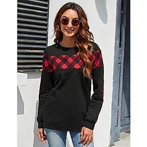 Blooming Jelly Women's Color Block Plaid Shirt Crew Neck Elbow Patches Pullover Sweatshirt Christmas Top(M) Black
