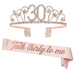"Talk Thirty to me" Sash and Rhinestone Crown Set - 30th Birthday Party Gifts Birthday Sash for Women Birthday Party Supplies