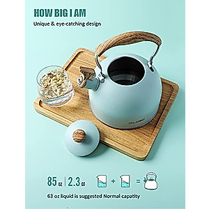 Tea Kettle, BELANKO 85 OZ / 2.5 Liter Whistling Tea Kettle, Tea Pots for Stove Top Food Grade Stainless Steel with Wood Pattern Folding Handle, Loud Whistle Kettle for Tea, Coffee, Milk - Turquoise