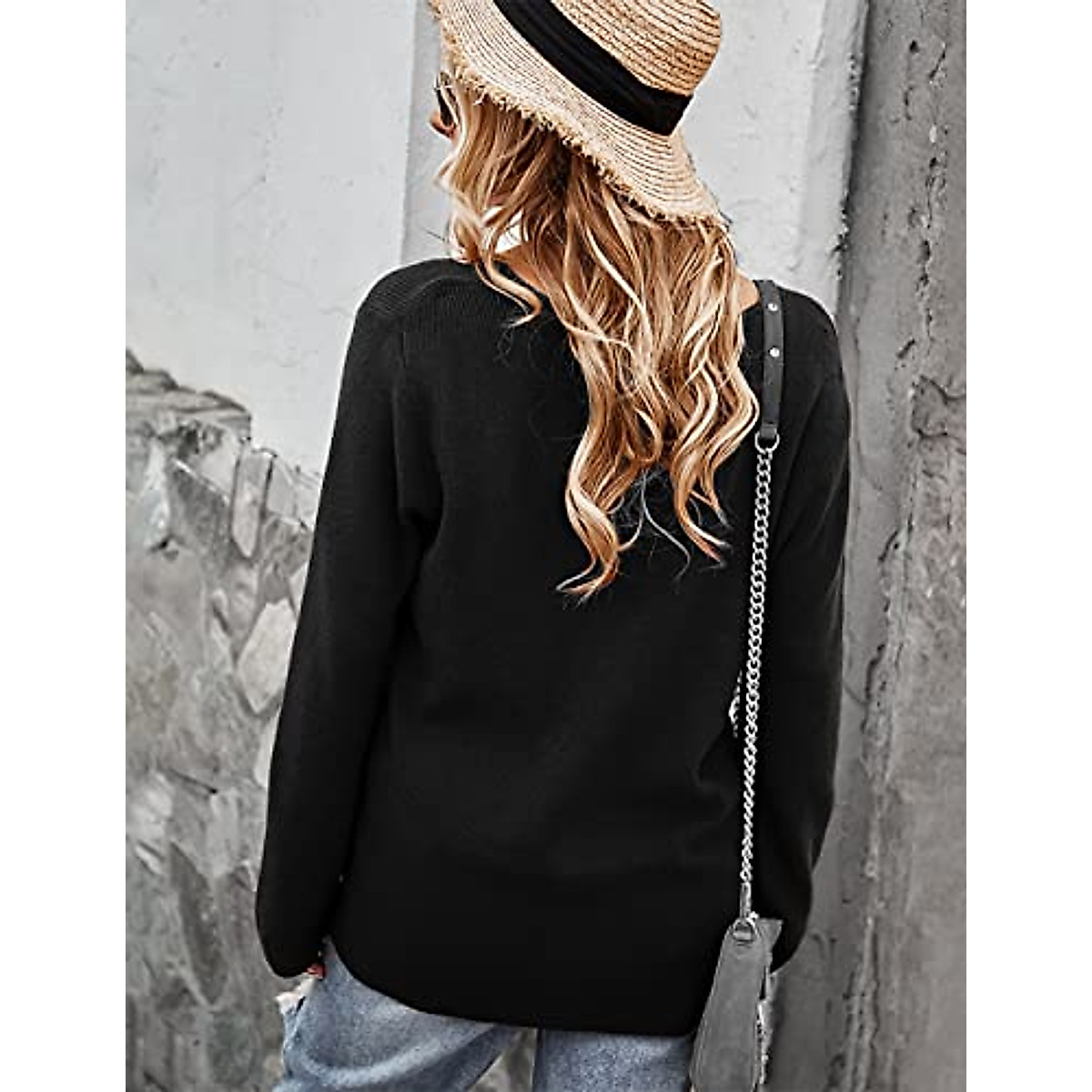 Lrady Womens V Neck Sweater Long Sleeve Casual Loose Fit Tunic Tops Knit Blouse Lightweight Cute Pullover, Black, Small