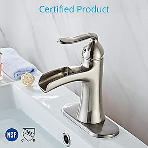 Wovier Brushed Nickel Waterfall Bathroom Sink Faucet with Cover Plate,Single Handle Single Hole Brass Lavatory Vanity Faucet,Basin Mixer Taps with Supply Hose and Pop Up Drain Assembly
