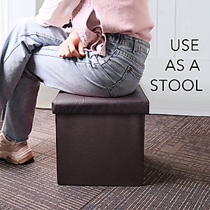 LotFancy Storage Ottoman Cube, Brown Foot Stool Ottoman,13x12x12 inch Square Ottoman with Lid, Faux Leather Seat for Dorm