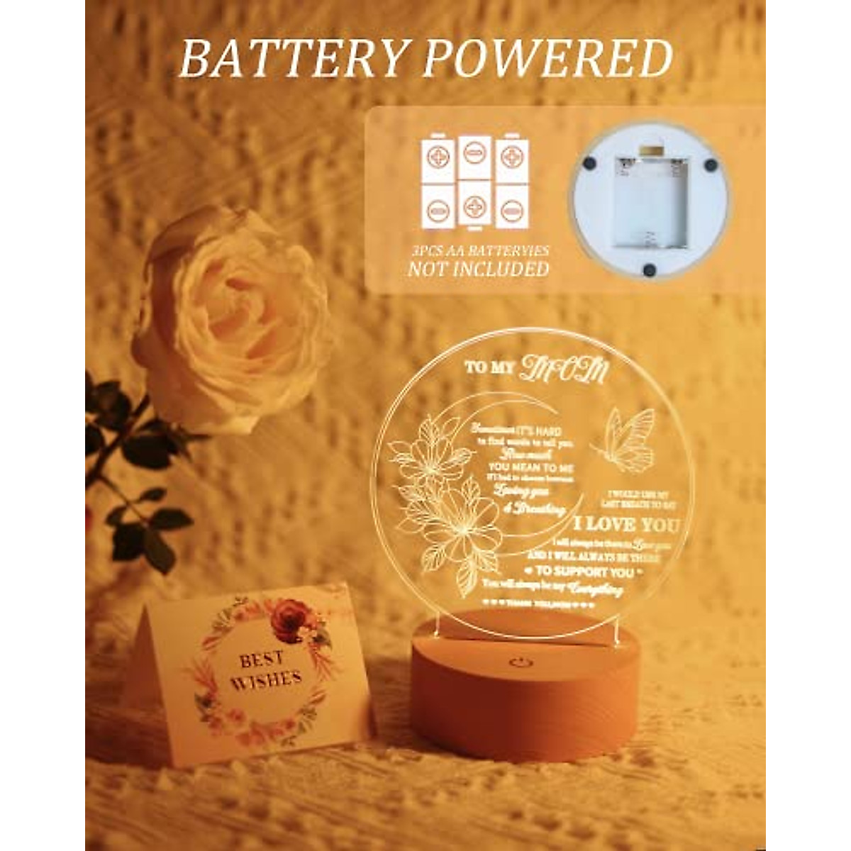 NISCHA Mothers Day Gifts from Daughter Son,Top Mother's Day Presents Ideas,Unique Mom Birthday Gift,3D Acrylic Night Lamp with Wooden Base and Greeting Card,3 Colors Touch Control (to my mom)