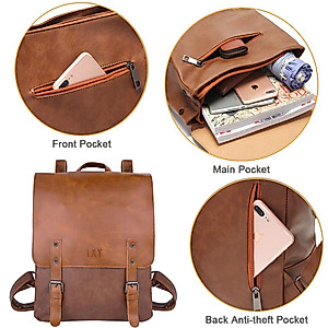 LXY Vegan Leather Backpack Vintage Laptop Bookbag for Women Men, Brown Faux Leather Backpack Purse College School Bookbag Weekend Travel Daypack