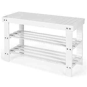 KOTEK Shoe Rack Bench 3-Tier Bamboo Shoe Shelf Organizer Entryway Bench Holds up to 220 lbs, Shoe Storage Rack for Hallway, Bathroom, Living Room (White)