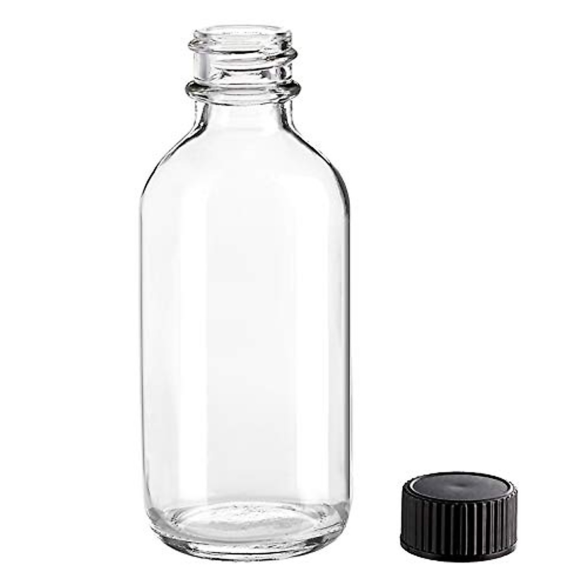 Bekith 30 Pack 2 oz Small Clear Glass Bottles, Boston Round Sample Bottles with Black Poly Cone Cap for Juice, Ginger Shots, Oils, Whiskey, Liquids