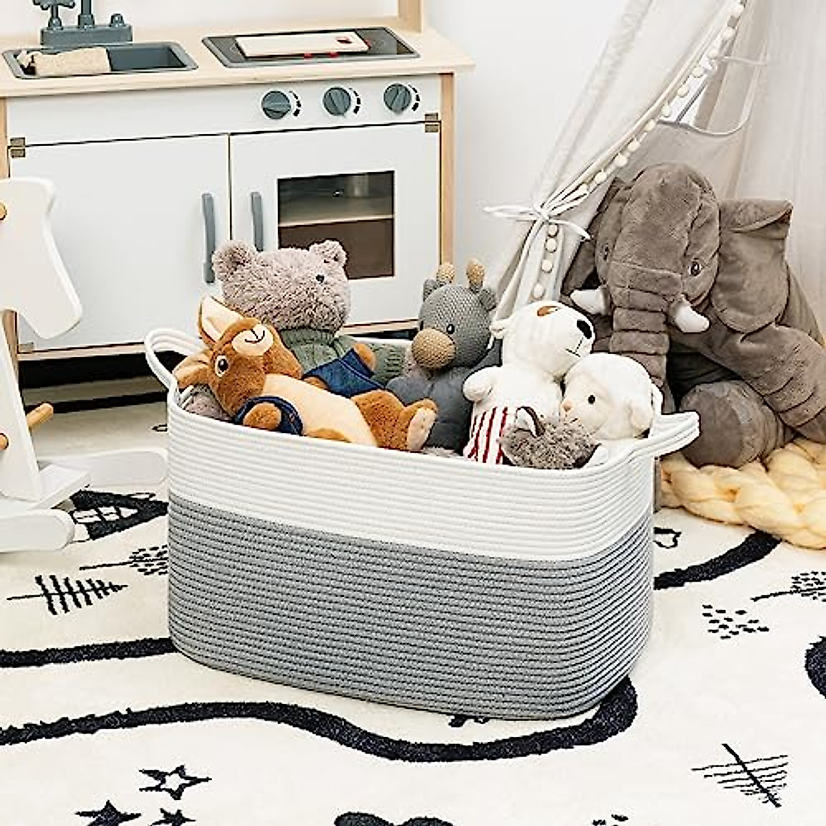 Goodpick Large Toy Storage Basket, 65L Grey Cotton Rope Basket Toy Storage Bin for Baby, Kids, Woven Storage Basket with Handle for Laundry, Living Room, Nursery, Bedroom, 21.6" x 14.9" x 11.8"