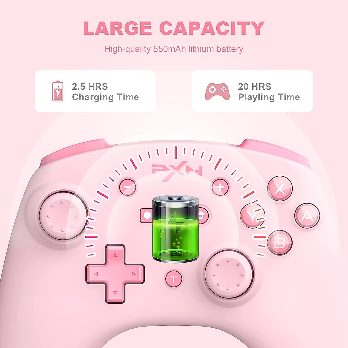 PXN 9607X Wireless Switch Pro Controller, Dual Shock Gamepad Joystick Support NFC, Turbo, Wake-up, Gyro Axis, Vibration Hall Effect Joysticks for Switch/Lite/OLED & PC & iOS (Pink)