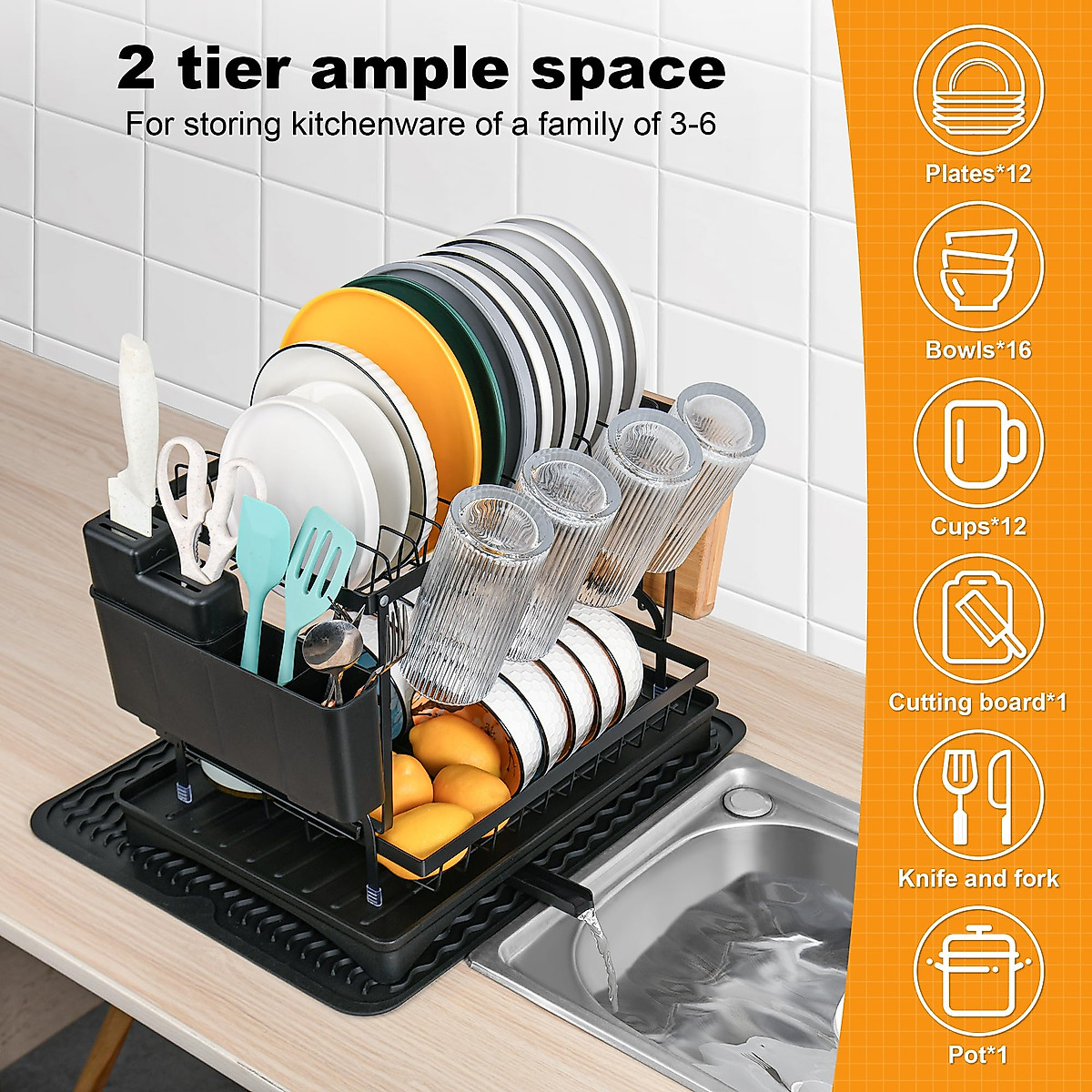 SRIVIJA 2 Tier Detachable Large Sink Dish Drying Rack Over The Kitchen Counter with Drainboard&Silicone Dish Drying Mat,Kitchen Large 2 Tier Stainless Steel Drying Rack with Dishes Drainer(Black)