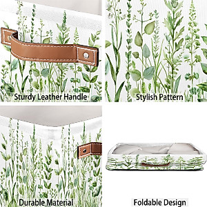 Tablerazzi Sage Green Leaves Cube Storage Bin, 13 Inch Collapsible Fabric Storage Cube Bin, Spring Eucalyptus Foldable Cube Baskets for Shelf, Closet, Organizer