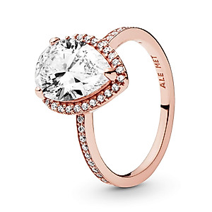 Pandora Sparkling Teardrop Halo Ring - Rose Gold Ring for Women - Layering or Stackable Ring - Gift for Her - 14k Rose Gold-Plated Rose - Size 7