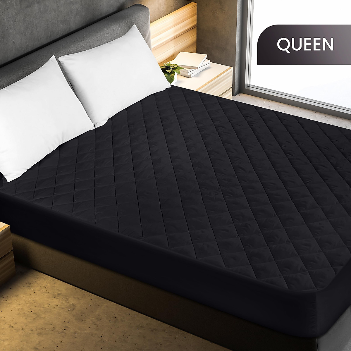 Utopia Bedding Quilted Fitted Mattress Pad, Queen Size, Elastic Fitted Mattress Topper Protector and Cover Stretches up to 16 Inches Deep, Machine Washable (Black)