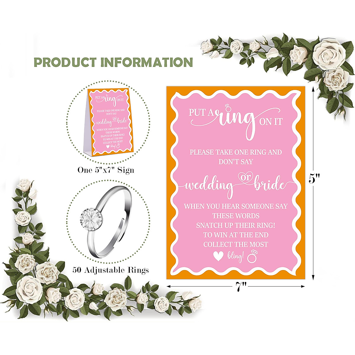 Pink Wavy Border Don't say Bride or Wedding Game, Put a Ring on It Bridal Shower Game with 50 Fake Rings, Modern Bridal Shower Decorations, Wedding Shower or Bachelorette Party Supplies - 07