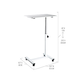 Seville Classics Solid-Top Height Adjustable Mobile Laptop Computer Desk Cart Ergonomic Home Office Stand Rolling Table, Overbed (23.6"), White