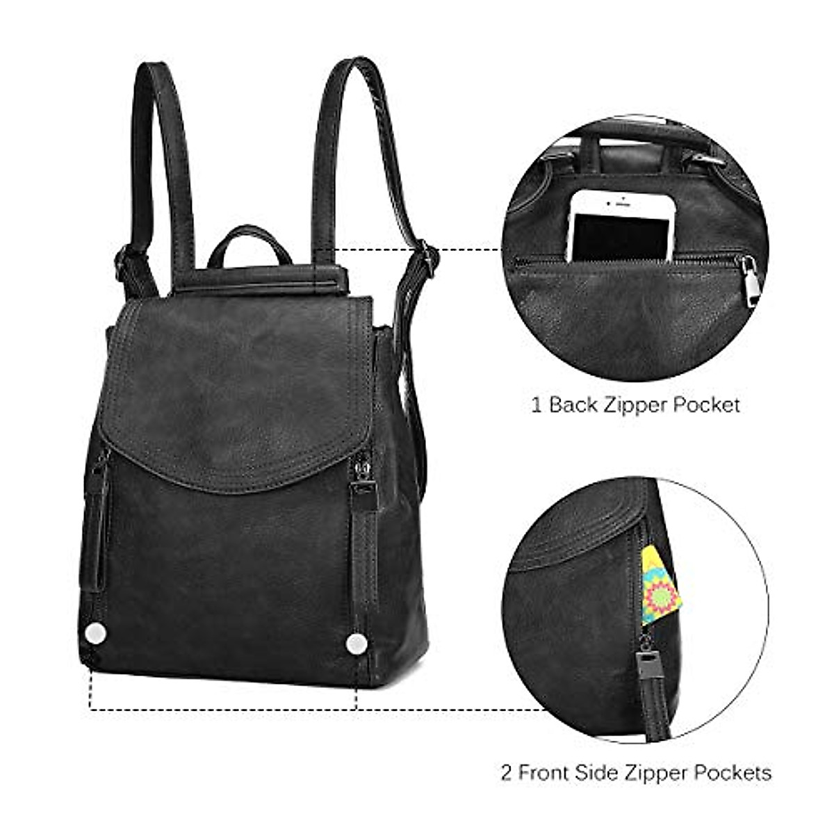 Backpack Purse For Women, JOSEKO PU Leather Anti-Theft Shoulder Bags Fashion Casual Travel Bags (9.4"x5.1"x11.4"(LxWxH),Black )