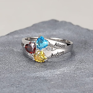 LanM Mothers Ring with 3 Birthstones Personalized Sterling Silver Rings for Women Custom Mom Rings with 3 Name Mothers Day Ring for Mom Grandmother Wife