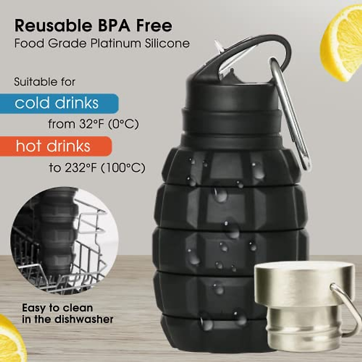 Collapsible Water Bottle 19.6oz - Gift Box, 2 Lids, Carabiner - Leak Proof Water Bottles for Veteran's Day - Reusable Water Bottles with Military Style - Travel Water Bottles - Gifts for Men (Black)