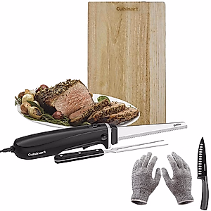 Cuisinart CEK-41 AC Electric Knife with Bamboo Cutting Board Bundle Classic Nonstick Edge 6" Chef's Knife and Deco Gear Food Grade Kitchen Safety Cut Resistant Stretch Fit Gloves