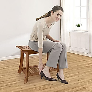 VVW Bamboo Shower Bench & Stool with Storage Shelf, Bath Benches for Inside Shower, Bathroom Stools 2-Tier Spa Seat for Adults Elderly (Walnut)