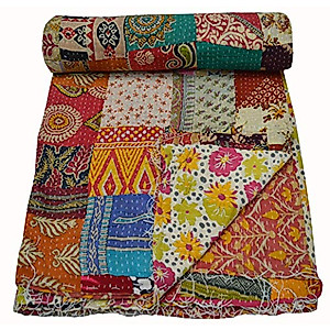 Maviss Homes Beautiful Indian Traditional Patchwork Super Soft Cotton Double Kantha Quilt | Throw Blanket Bedspreads | Cozy Blanket Quilt | Easy Machine Washable and Dryable; Multicolour