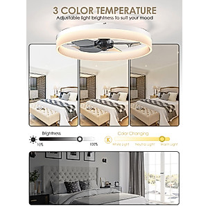 ERYAHRT Low Profile Ceiling Fan with Light Remote Control, Semi Flush Mount Ceiling Fans with 5 Invisible Blades, Dimmable Led Ceiling Fan Reversible Blades Timing, White