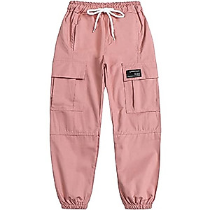 SANGTREE Girls Cargo Pants, Elastic Waist Drawstring Loose Tapered Multi Pockets Cargo Jogger Pants for Girl, Pink,7-8 Years Big Kid = Tag 140