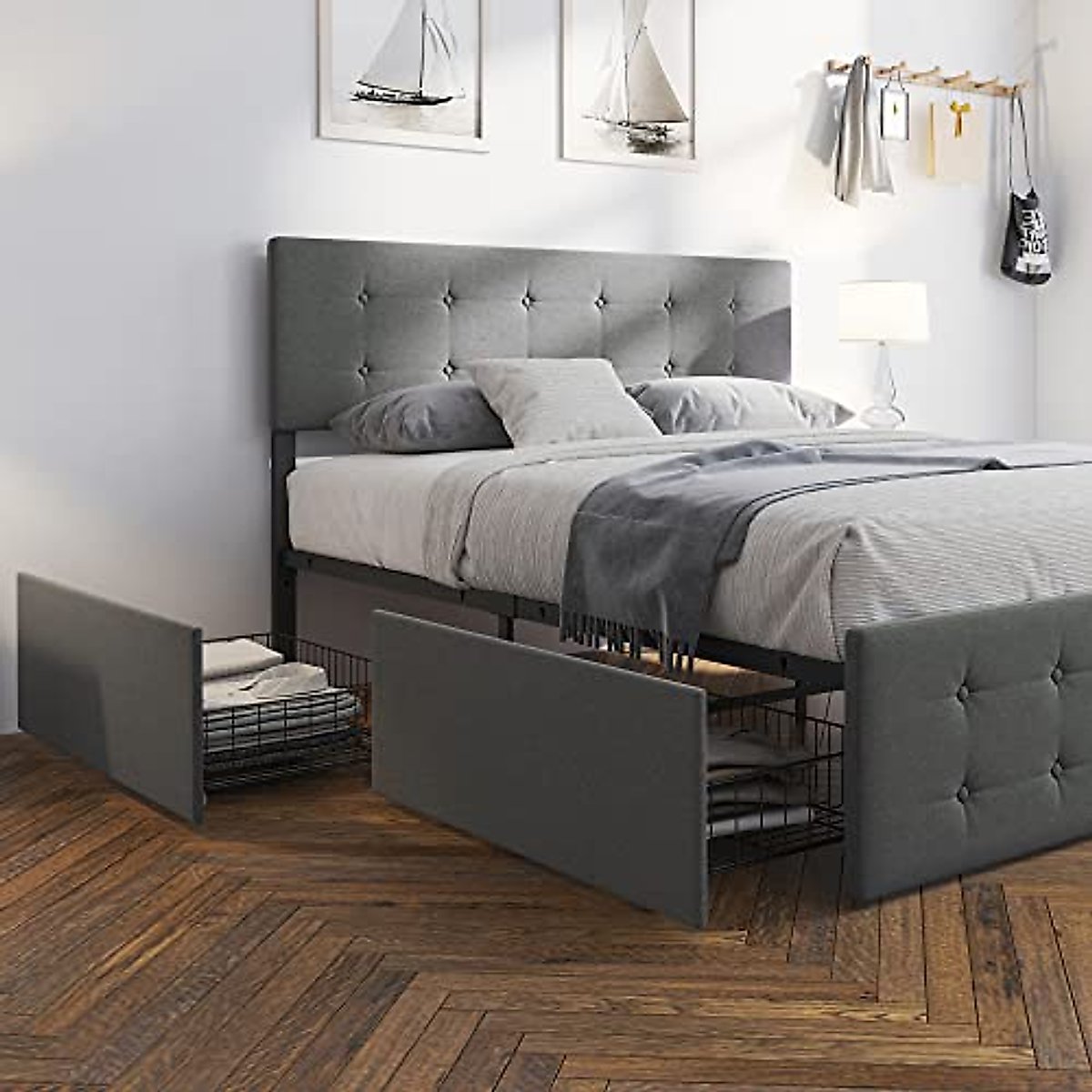 IDEALHOUSE Queen Platform Bed Frame with Storage and 4 Drawers, Button Upholstered Bed Frame with Drawers and Headboard, Mattress Foundation with Wood Slat Support, No Box Spring Needed