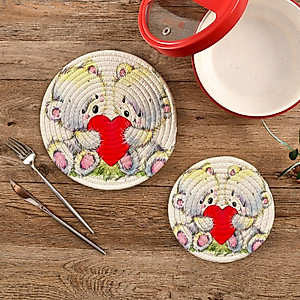 Kitchen Pot Holders Set 2 Pcs Valentine Day Teddy Bear Congratulation Festive Cotton Thread Weave Trivets Set Stylish Coasters for Hot Dishes Pot Bowl Coffee Hot Pot Holders