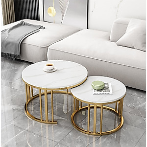 QLJJSD Round Nesting Coffee Table Set of 2 Modern Cocktail Table with Metal Frame for Living Room Small Spaces White and Gold(Desktop Size 28"+20")