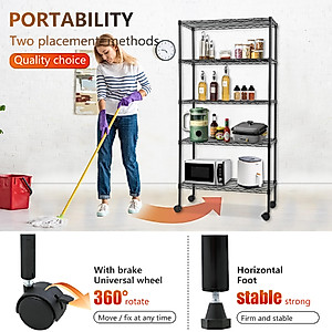 FDW Adjustable 5-Tier Metal Shelf with Wheels, 250 lbs Capacity, Easy Assembly, Ideal for Small Spaces