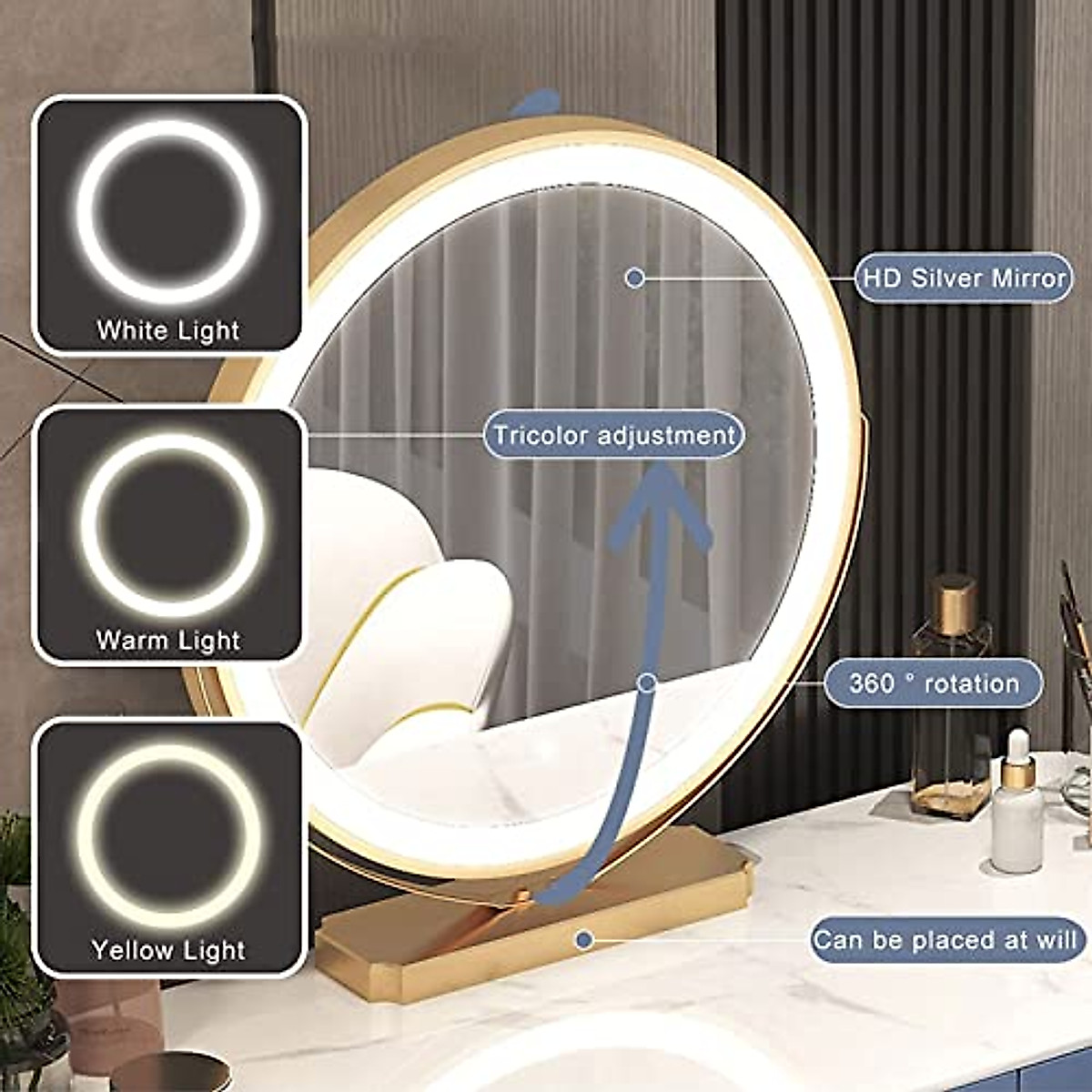 Qingluan Dressing Table Set with Drawers LED Lights Mirror and Makeup Chair, 3 Drawers Makeup Table Set with Cushioned Stool Vanity Table for Girls Bedroom,White,80cm/31.5in