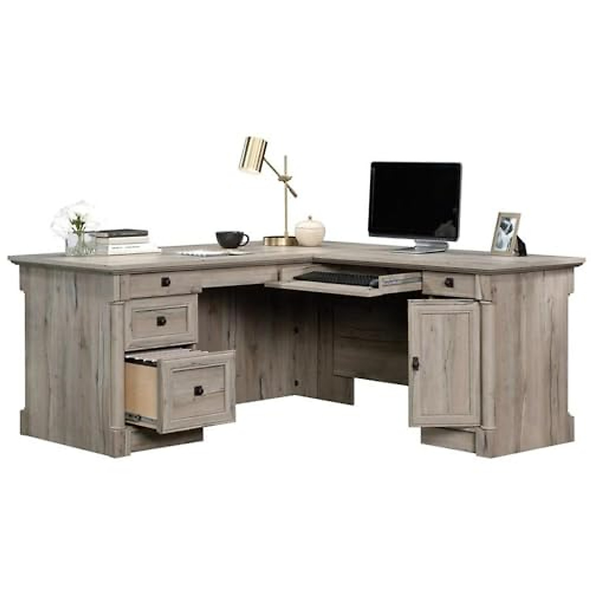 BOWERY HILL Contemporary Engineered Wood Computer Desk with File Drawer, 3 Additional Drawers, Adjustable Shelf, L-Shaped, Easy Assembly, for Home/Office, in Split Oak Finish